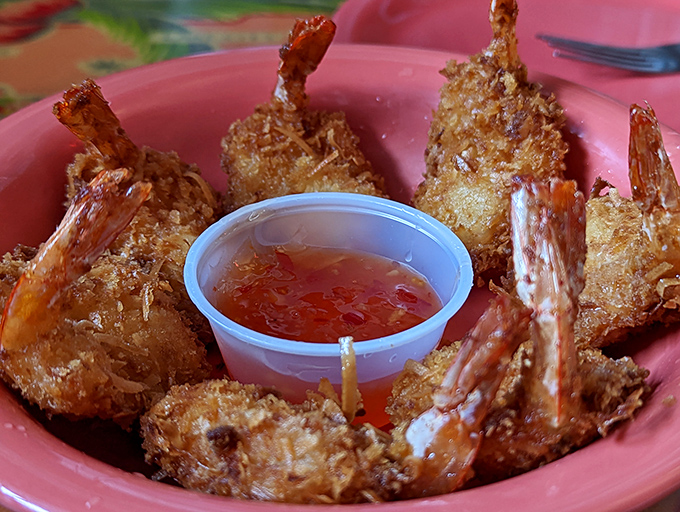 Coconut shrimp arranged like a sunburst around sweet chili sauce. Each bite delivers that perfect crunch before revealing the tender treasure within.