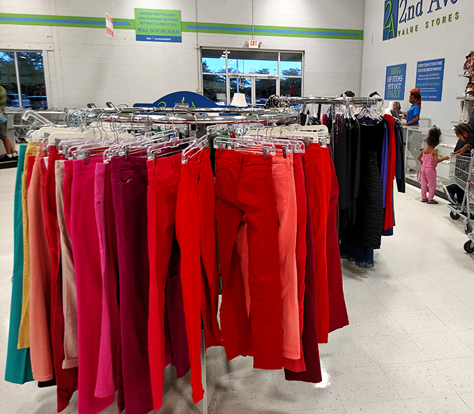 A rainbow of possibilities hangs before you. Those red pants might just be the missing piece in your wardrobe puzzle.