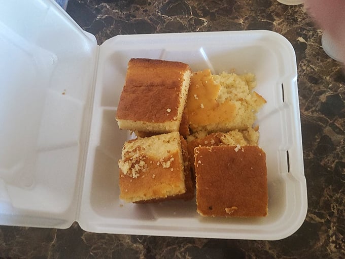 Cornbread squares that hit that perfect sweet-savory balance—the kind that starts arguments about whether they should be eaten plain or drizzled with honey.