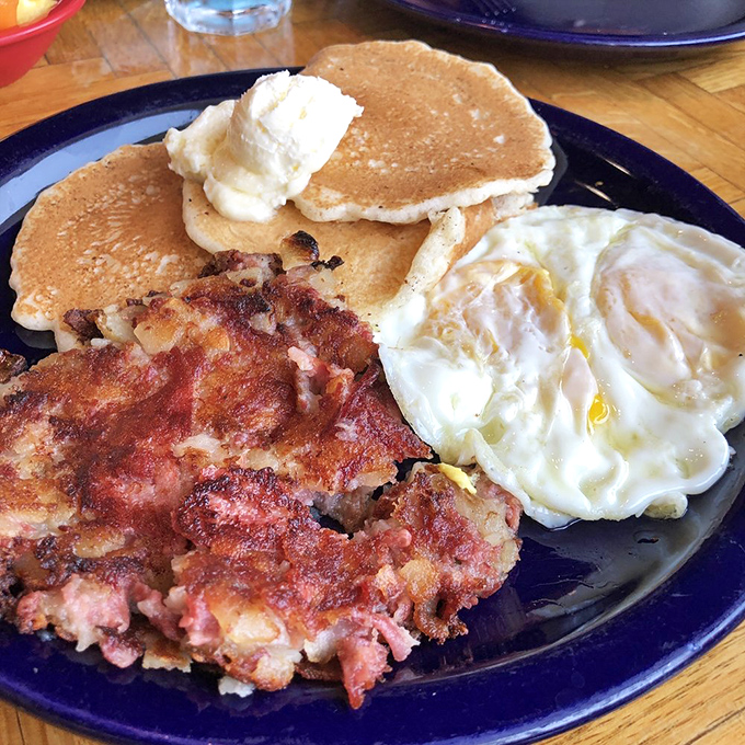 Corned beef hash with pancakes and eggs&mdash;the breakfast equivalent of hitting the jackpot at a Tahoe casino, but tastier.