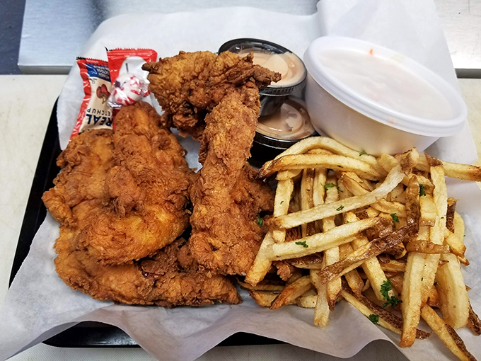 Fried chicken that would make your grandmother jealous. Golden, crunchy exterior giving way to juicy meat, with fries that demand to be devoured.