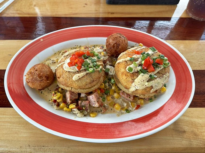 These crab cakes aren't playing around&mdash;golden-brown perfection atop a bed of corn maque choux that would make New Orleans jealous.