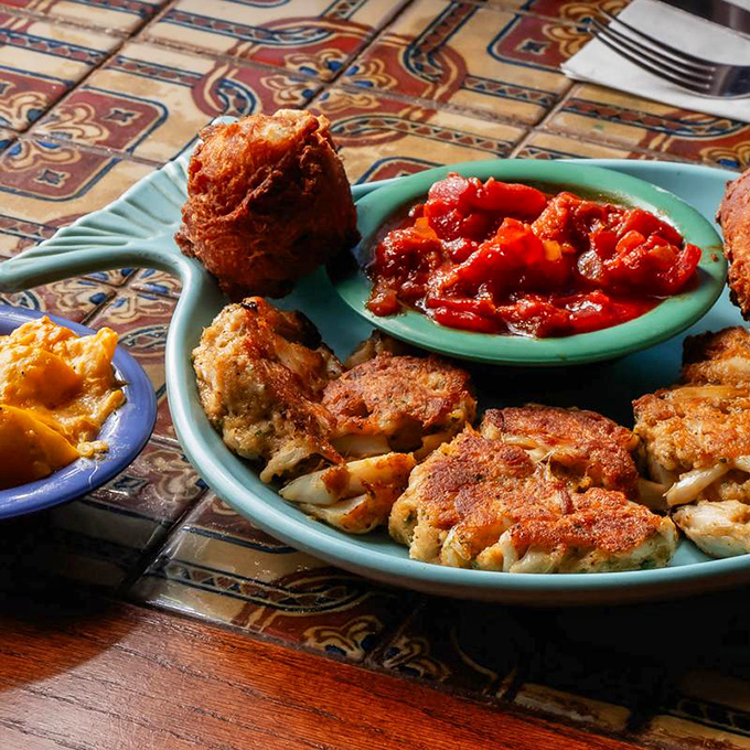 Golden crab cakes packed with sweet meat that'll make you forget you're in barbecue country.