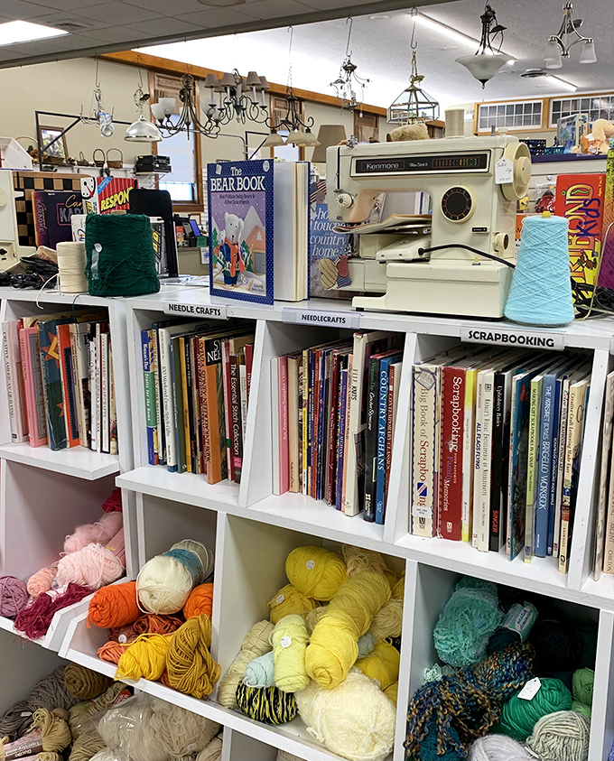 Crafting heaven awaits! Yarn skeins organized by color create a rainbow of possibilities for projects both ambitious and whimsical.