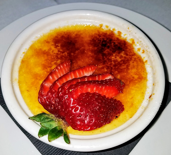 Cr&egrave;me br&ucirc;l&eacute;e with strawberry&mdash;where the crack of the caramelized top is as satisfying as finding an extra twenty in your winter coat.