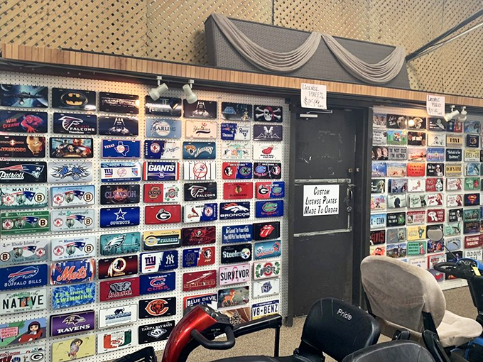 Sports fans rejoice at this wall of team pride where every franchise gets equal billing.