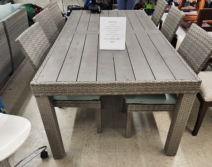 "All 7 pieces only $649" reads the sign, but the real value is in the stories this dining set will witness at your future family gatherings.
