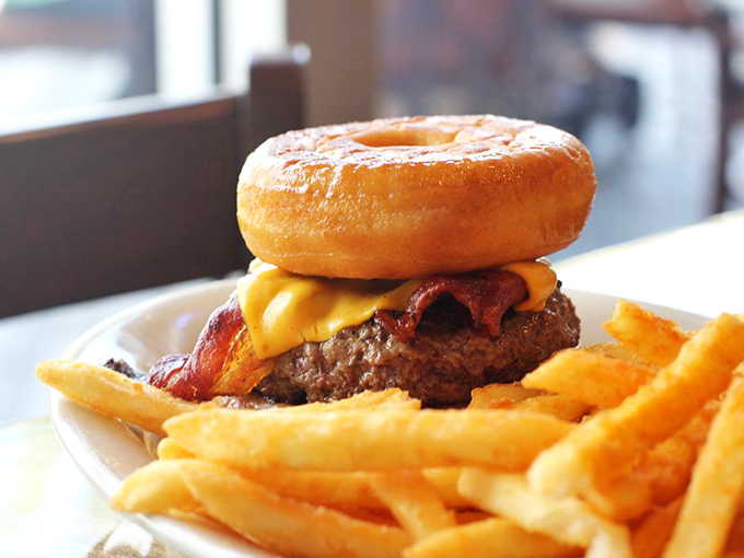 The infamous Donut Burger—where breakfast and dinner collide in a sweet-savory romance that shouldn't work but absolutely does.