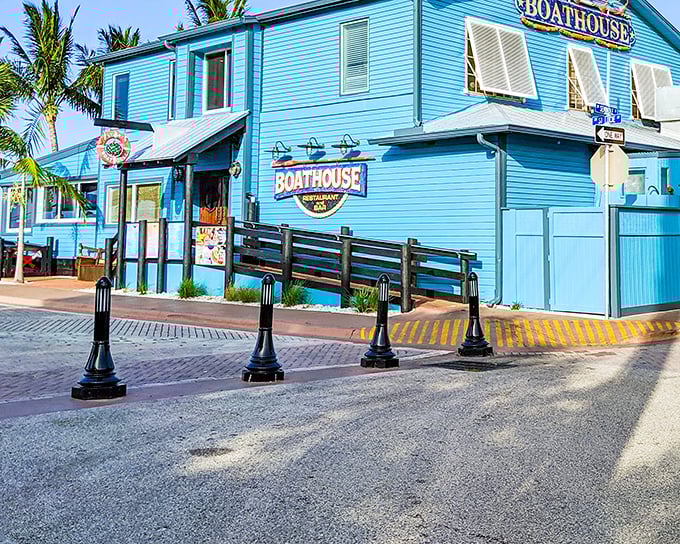 The Boathouse's Caribbean blue exterior isn't just a color choice &ndash; it's Stuart's visual promise that seafood and water views come standard with every visit.