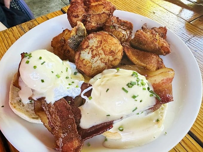 These eggs Benedict look like they graduated from culinary school with honors. Perfectly poached eggs nestled on savory bacon with hollandaise cascading down like a delicious waterfall.