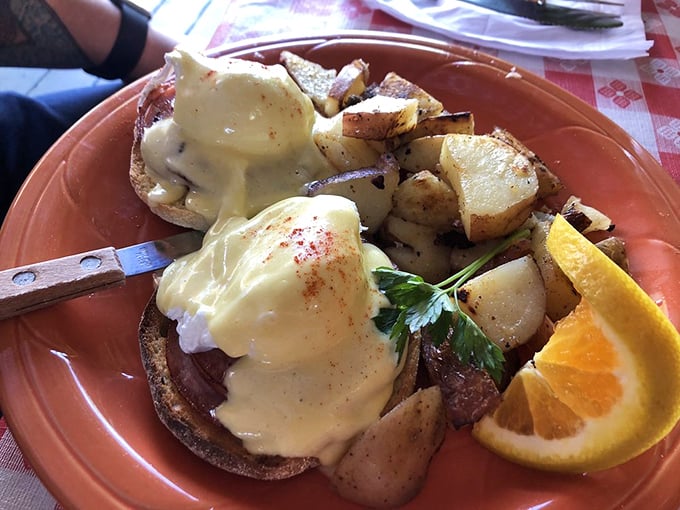Eggs Benedict: the breakfast aristocrat that somehow feels right at home in this unpretentious setting. That hollandaise speaks fluent delicious.