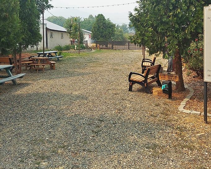 A community gathering space where benches invite conversation. Trees provide shade for those "I've got nowhere better to be" moments.