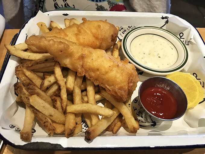 Fish and chips that would make a British pub nervous. The golden batter shatters with each bite, revealing the tender fish hiding beneath.