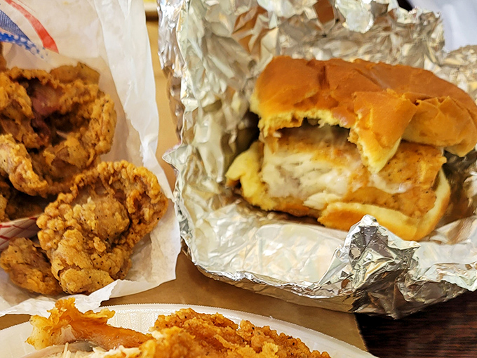 The fish sandwich &ndash; proof that Miller's isn't a one-trick pony, nestled in foil like a present waiting to be unwrapped.