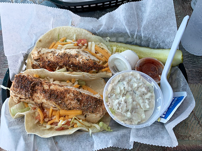 Fish tacos: where the ocean meets the garden in a handheld vacation. The generous mahi portions suggest someone in the kitchen understands true Florida hospitality. 