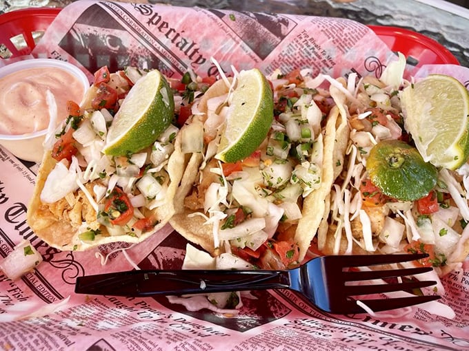 These fish tacos aren't just lunch – they're a fiesta of fresh flavors where locally caught fish meets zesty toppings on corn tortillas.