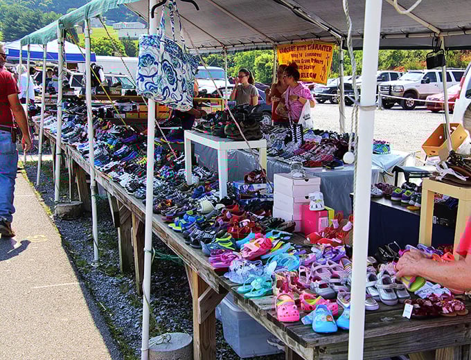 Footwear heaven under canvas! From practical sneakers to whimsical Crocs, this outdoor vendor proves Tennessee knows how to keep moving in style.