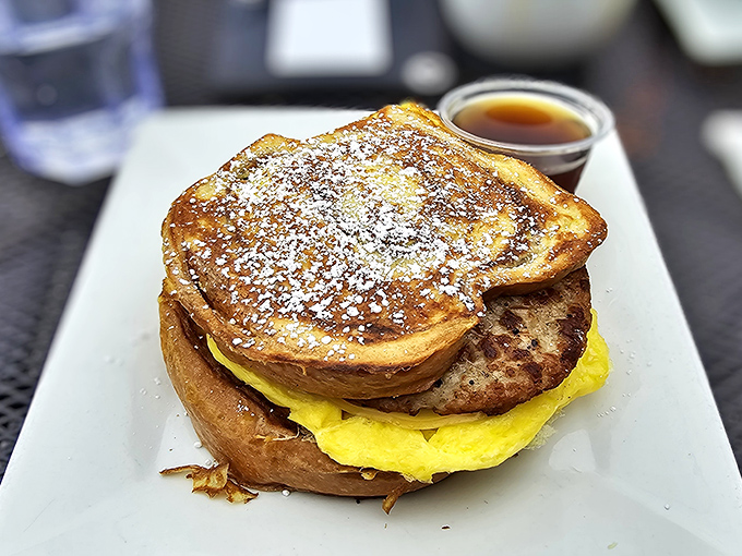 French toast that would make actual French people jealous. Dusted with powdered sugar and served with maple syrup, it's breakfast masquerading as dessert&mdash;and we're not complaining.