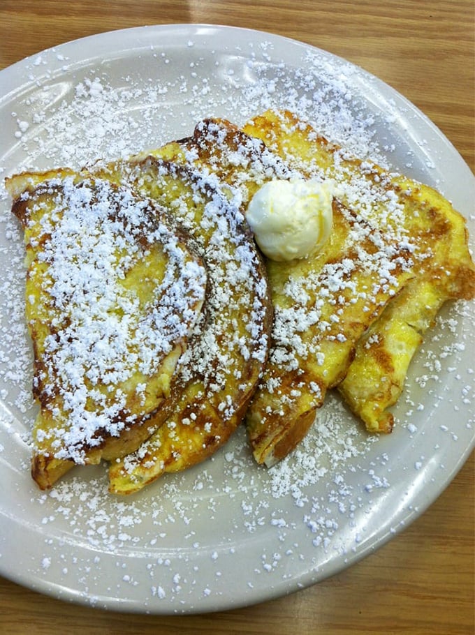 French toast dusted with powdered sugar like fresh Portland snow. A breakfast that makes Monday feel like Saturday.