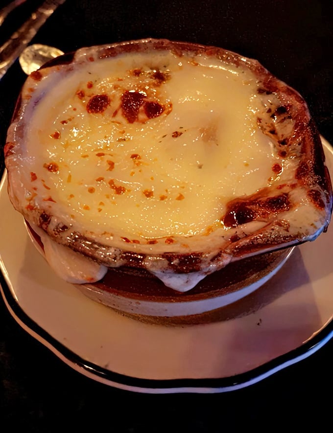 French onion soup so gloriously cheesy it should come with its own warning label: "May cause involuntary food noises that will embarrass your dining companions." 