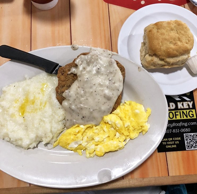 Country-fried steak that could make a vegetarian question their life choices. Crispy, golden coating giving way to tender meat—this is breakfast with ambition.