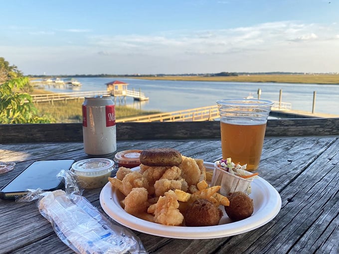 The holy trinity of Southern seafood pleasure: Lowcountry boil, crab cakes, and hush puppies. Add cold beer and you've achieved nirvana, Charleston-style