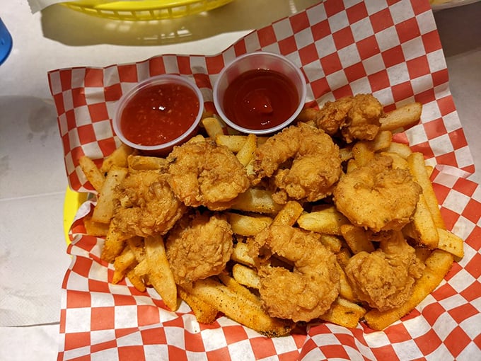 Golden-fried shrimp nestled among french fries&mdash;proof that sometimes the simplest combinations make for the most satisfying indulgences.