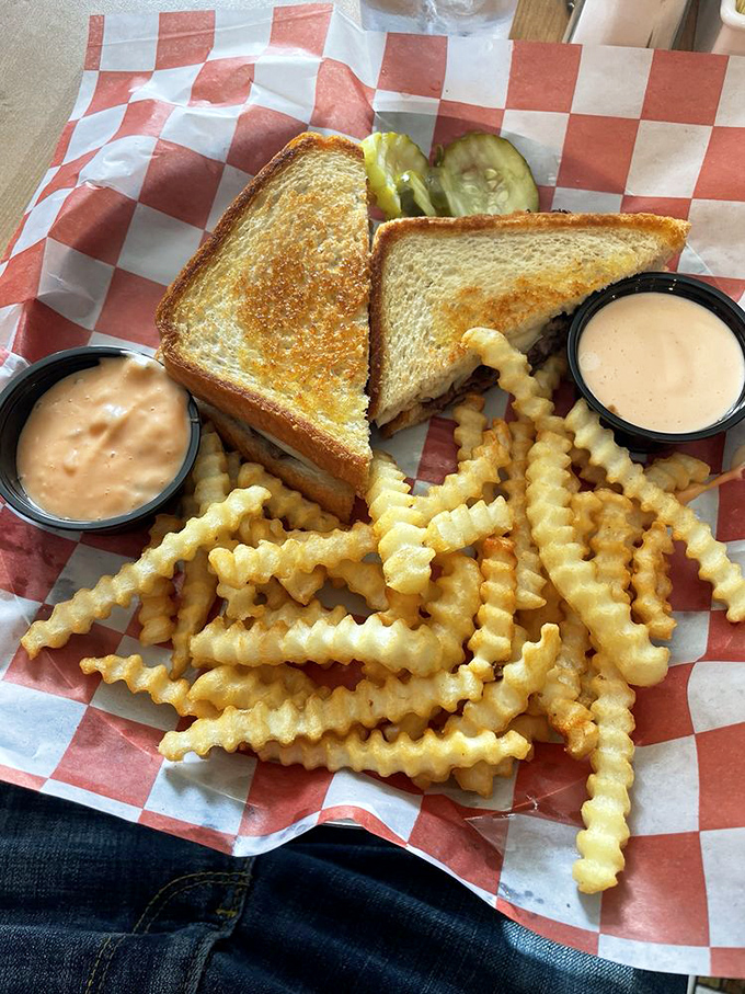 The perfect grilled sandwich doesn't exi&mdash; Oh wait, here it is! Crispy golden bread, melty cheese, and those crinkle fries deserve their own fan club.