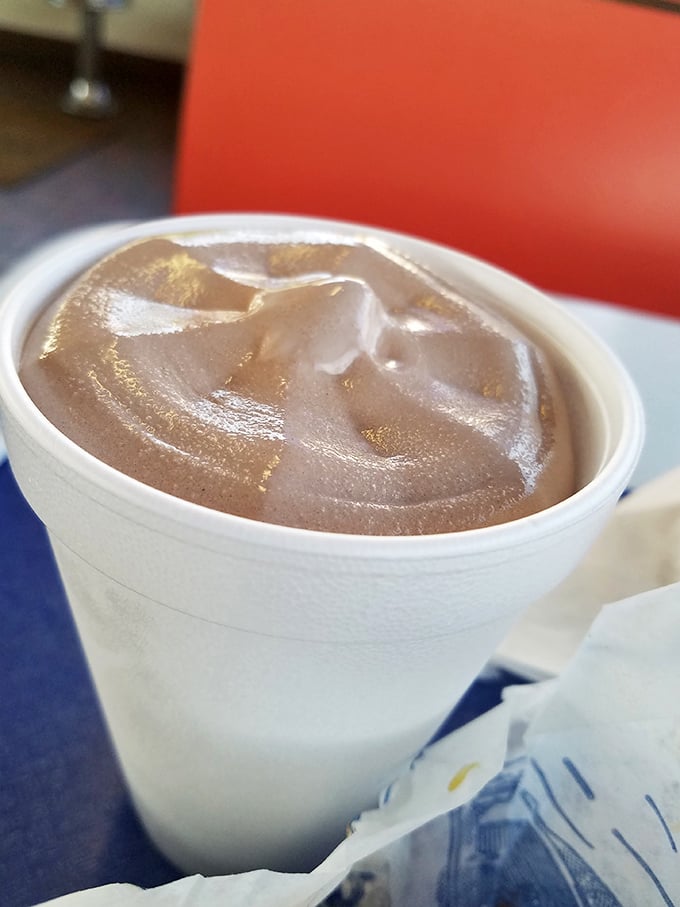 The frosted malt &ndash; requiring serious straw strength and even more serious willpower not to finish in thirty seconds flat. Thick enough to stand a spoon in, smooth enough to dream about.