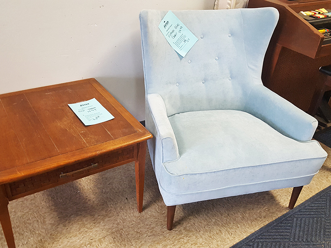 Mid-century meets modern in the furniture section. That pale blue wingback chair isn't just seating&mdash;it's your next reading nook waiting to happen.