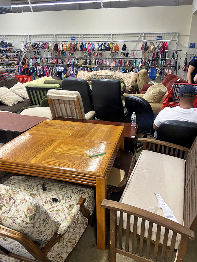 The furniture section resembles a living room time machine, where mid-century finds mingle with contemporary castoffs waiting for new homes.