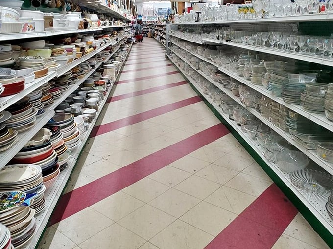 The glassware aisle stretches toward infinity, offering everything from everyday tumblers to crystal that would make your grandmother swoon.