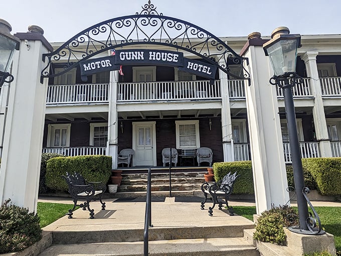 The Gunn House Hotel welcomes visitors with Victorian elegance and a wrought-iron arch that says, "Yes, you've finally found that charming place you've been scrolling for."