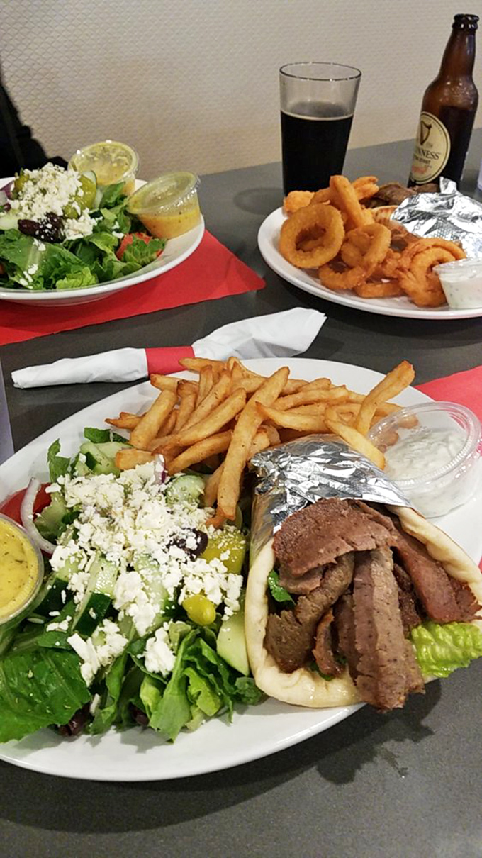 The Greek gyro platter brings Mediterranean vacation vibes to Georgia, complete with feta-topped salad and perfectly seasoned meat.