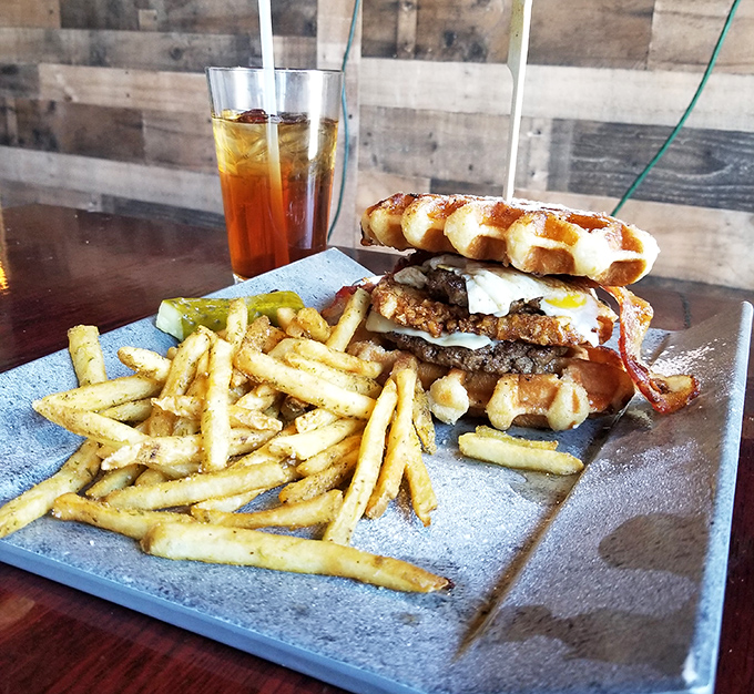 The Hangover Burger doesn't just cure what ails you&mdash;it redefines breakfast. Waffle buns cradle a symphony of morning favorites in perfect harmony.
