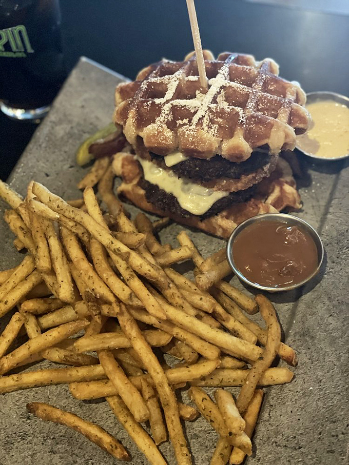 Breakfast meets burger in this waffle-bunned masterpiece. The perfect morning-after remedy that might require a morning-after of its own.