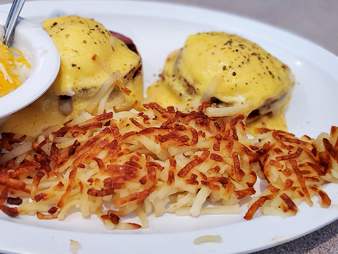 Benedict perfection with hash browns crisped to golden glory. This plate has more layers than your favorite mystery novel&mdash;and solves the riddle of breakfast satisfaction.