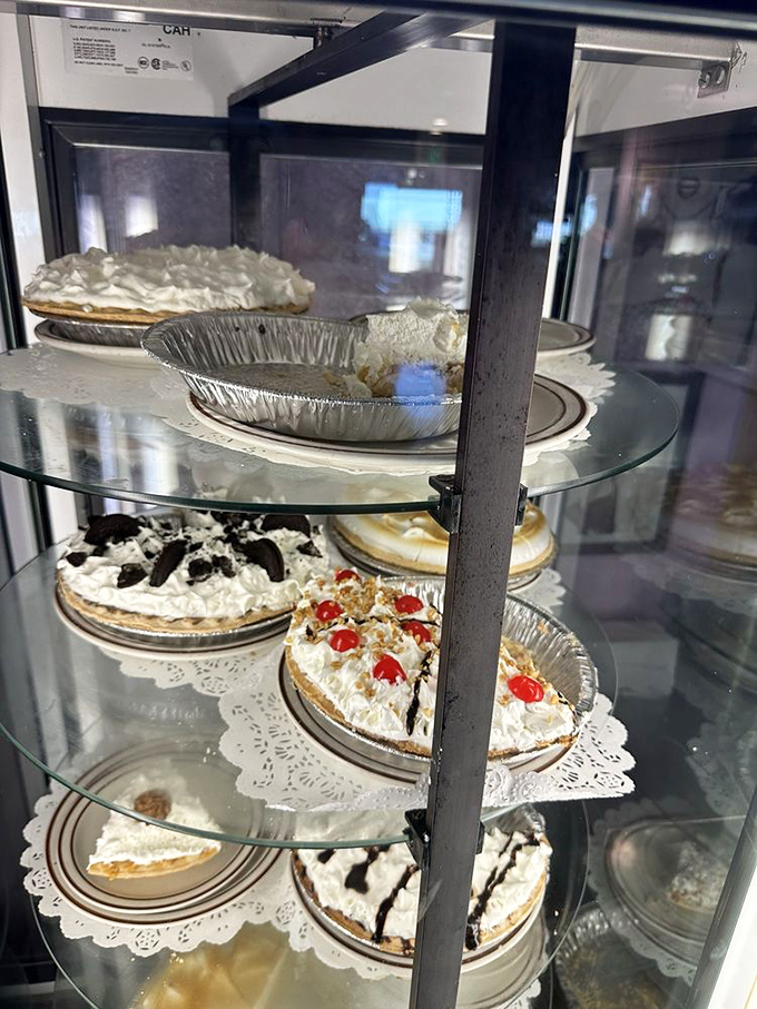The rotating pie display case&mdash;where calories don't count because you're technically still on vacation.