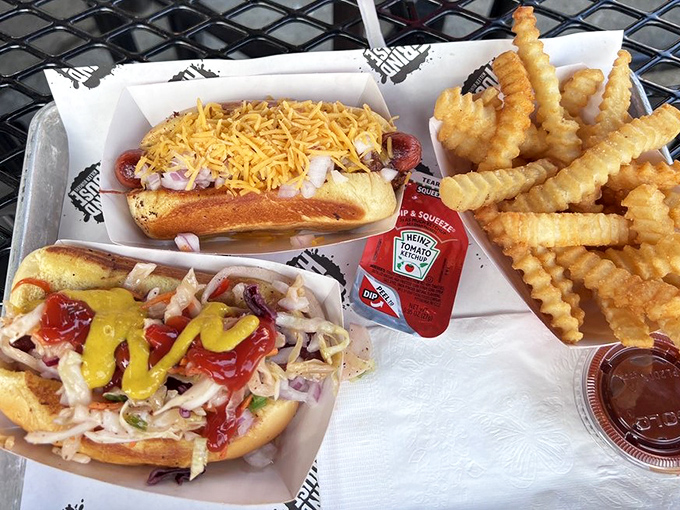 Hot dogs get the star treatment here, dressed to impress with toppings that transform the humble frankfurter into a red-carpet-worthy meal.