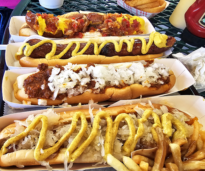 Hot dog heaven exists in Brooksville! Each footlong creation is a masterpiece of toppings &ndash; from classic mustard zigzags to hearty chili and onions.