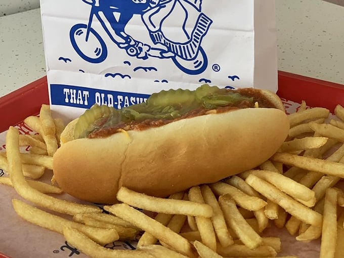 Behold the star attraction: a hotdog nestled in its bun, adorned with pickle relish and sauce. Simple? Yes. Life-changing? Also yes.