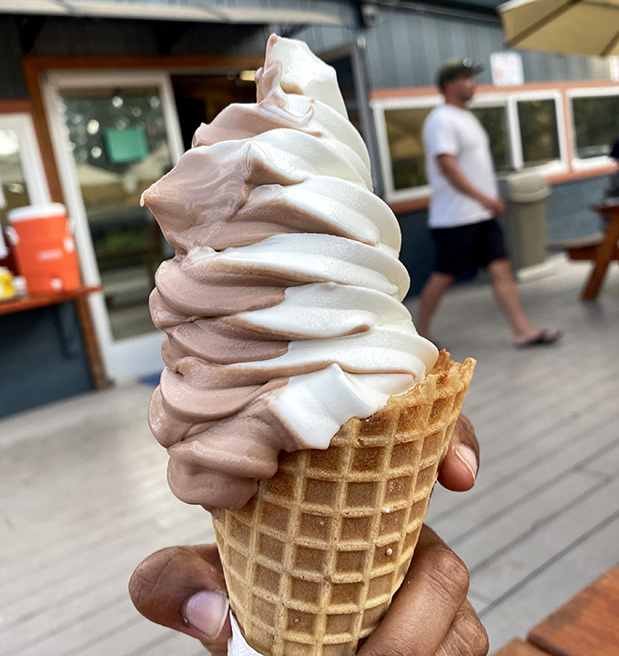 Chocolate and vanilla twist so perfectly swirled it belongs in the Louvre, not just in this waffle cone on a sunny Tahoe afternoon.