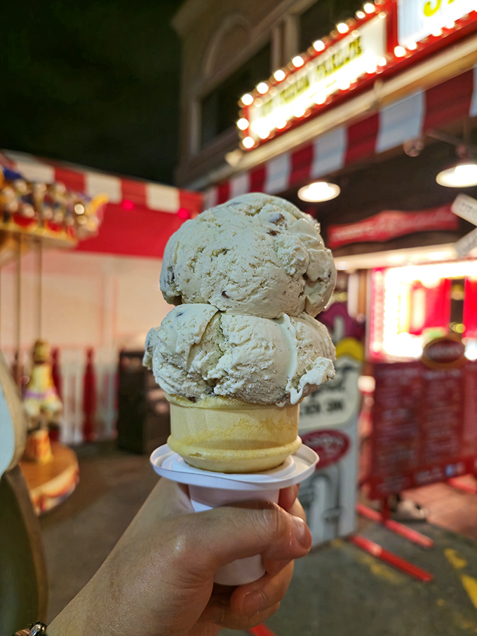 Two perfect scoops standing tall on a waffle cone&mdash;proof that sometimes the simplest pleasures are the most magnificent.