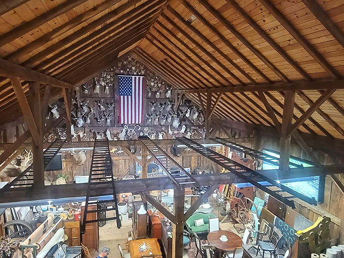 Look up and behold the magnificent timber frame construction. That American flag proudly watches over a treasure trove of Americana below.