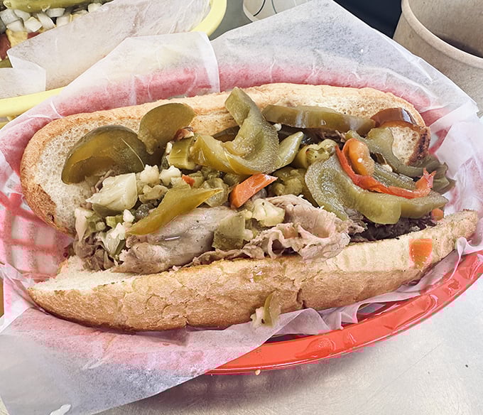 An Italian vacation between bread &ndash; this sandwich piled high with tender beef, giardiniera, and pickles would make any nonna proud.