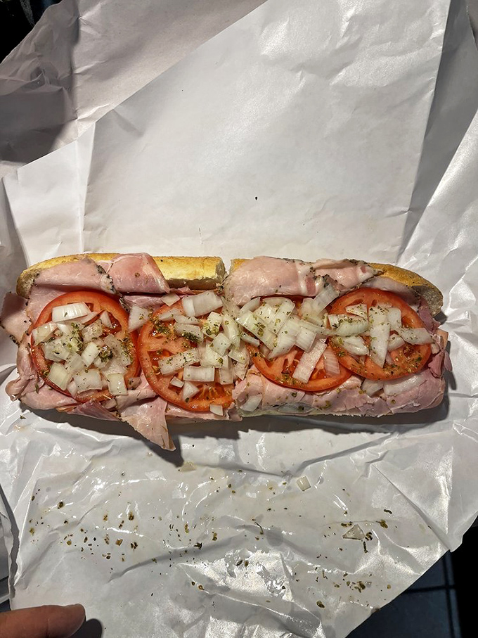 The Italian hoagie in its natural habitat: white butcher paper. Notice how the meat-to-bread ratio achieves that perfect sandwich harmony poets write about.