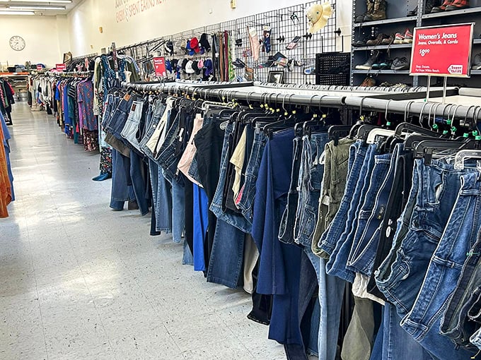 Denim paradise! Every shade of blue imaginable hangs in neat rows, waiting for that perfect-fitting pair that feels like it was made for you.