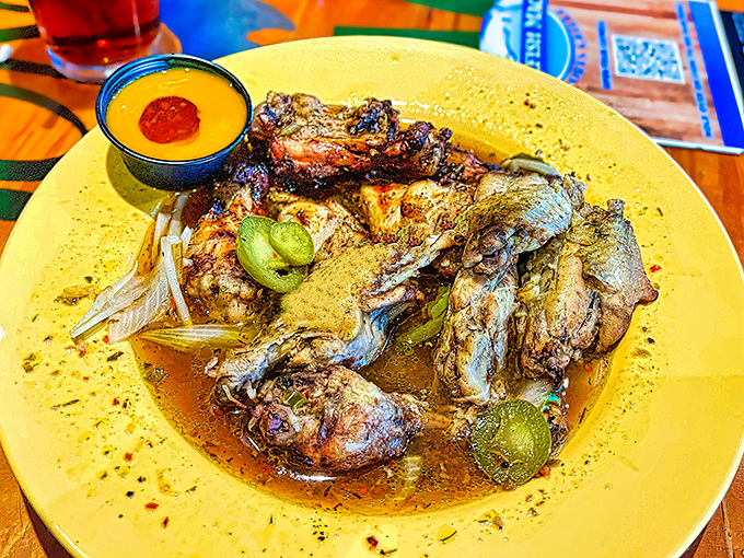 These jerk wings swim in savory sauce with just enough Caribbean heat to make you contemplate a second order before finishing your first.