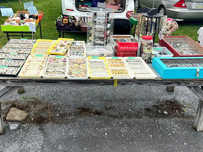 Jewelry displays that could bankrupt a magpie. Each tray holds someone's future "I can't believe I found this for only five bucks" story.
