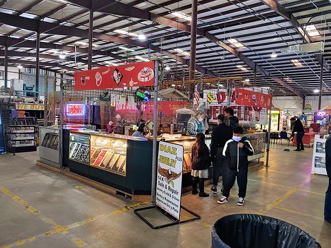 Jewelry gleams under fluorescent lights while shoppers gather, proving that the thrill of discovery transcends age, background, and tax brackets.